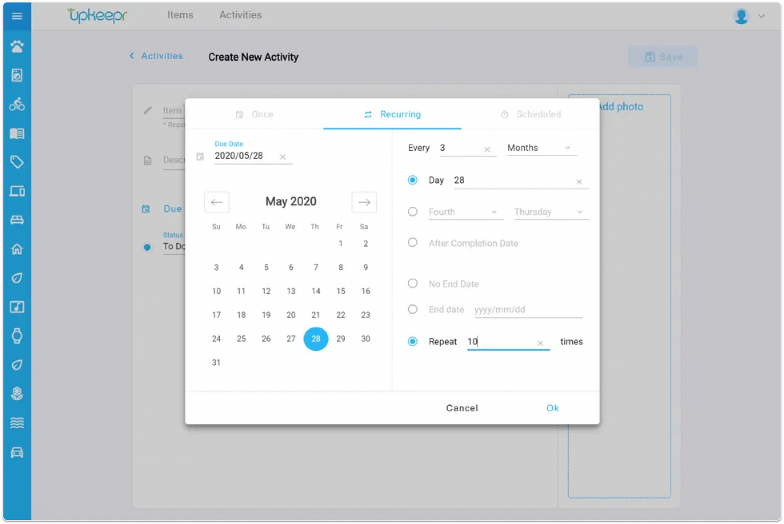 Recurring and Scheduled activities – Upkeepr